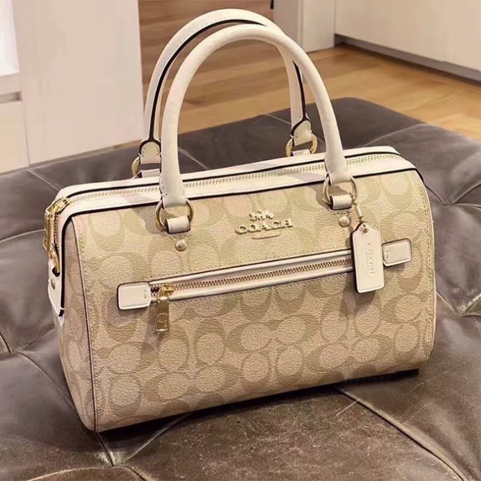 美國正品COACH F83607全新款 前拉鍊-滿版深咖紅色、滿版卡其白、深咖黑色、滿版深咖黑拚粉、黑金色~波士頓包 (大號.頭層真皮+防刮 ...