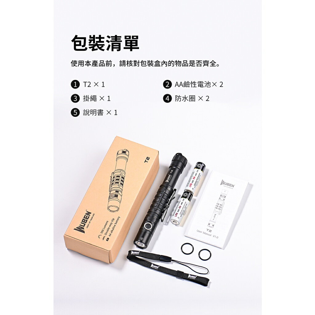 【錸特光電】WUBEN T2 高亮 AA筒 550流明雙開關 戰術手電筒 爆閃 防水 LED照明燈 露營 登山 3號電池 | 錸特光電 ...