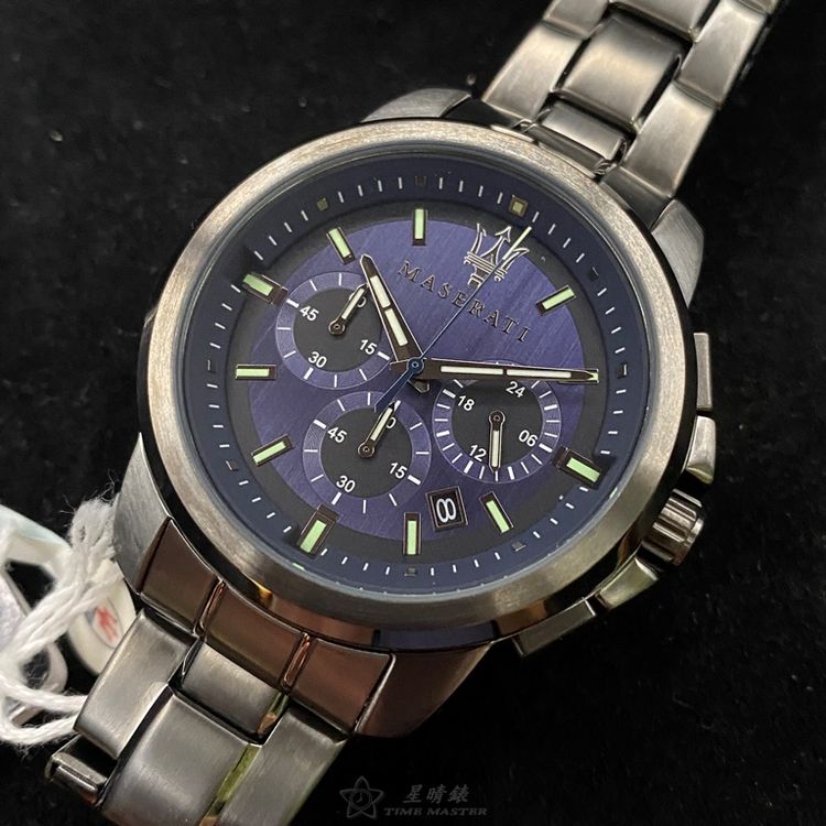 點數9%★MASERATI手錶,編號R8873621005,42mm槍灰色圓形精鋼錶殼,寶藍色三眼, 時分秒中三針顯示, 運動錶面,槍灰精鋼 ...