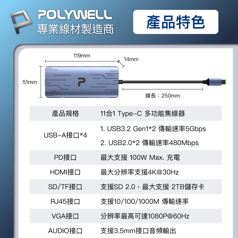 POLYWELL/寶利威爾/Type-C/十一合一多功能集線器/HUB/100W/快充/5G/HDMI/RJ45/SD卡 | 伊爾資訊直營店 | 樂天市場Rakuten