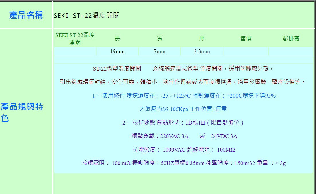 SEKI ST-22 溫度 開關 有三種度數 85度 95度 100度 | 茂霖家電零件生活館 | 樂天市場Rakuten