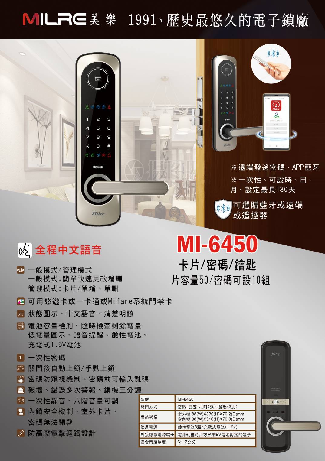 昌運監視器 Milre 美樂 MI-6450 三合一密碼/卡片/鑰匙智能電子門鎖 輔助鎖(請來電洽詢) | 昌運監視器官方旗艦店直營店 | 樂天市場Rakuten