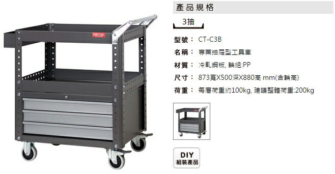 樹德 工具車 推車 零件車 收納 多功能 五金 工廠 「台灣製造」 CT-C3B 標準型掛鈑工具車 | 必購網直營店 | 樂天市場Rakuten