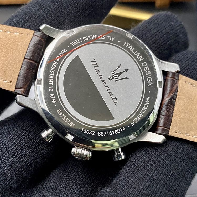 點數9%★MASERATI手錶,編號R8871618014,42mm銀圓形精鋼錶殼,寶藍色簡約, 三眼, 中三針顯示, 精密刻度錶面,咖啡色 ...