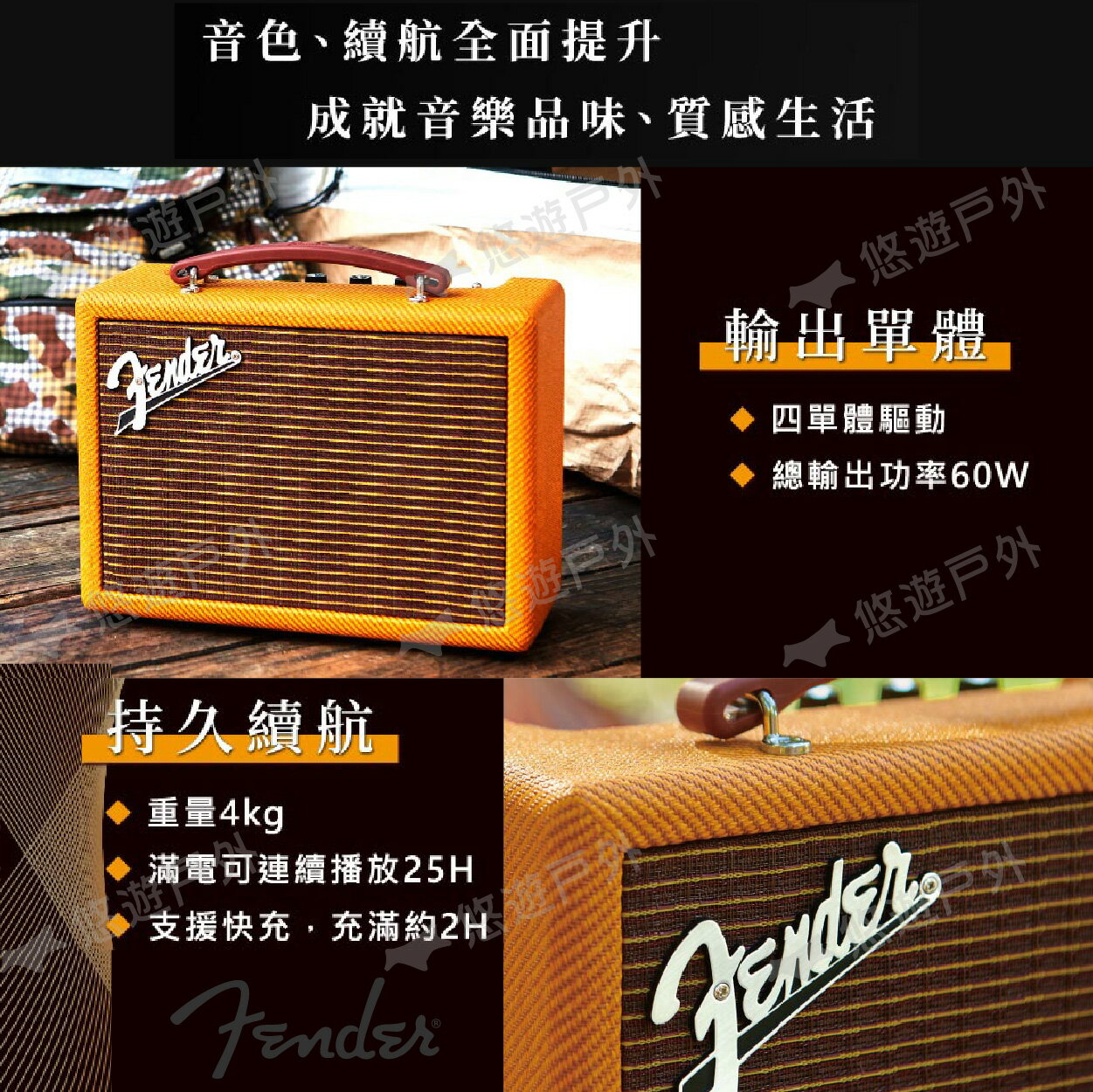 【Fender】Indio 2 藍牙喇叭 黃色斜紋/復古黑 續航25h 輸出功率60W BSMI/NCC 露營 悠遊戶外 | 悠遊戶外露營生活館直營店 | 樂天市場Rakuten