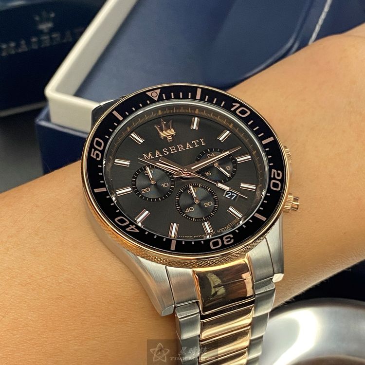 點數9%★MASERATI瑪莎拉蒂男錶,編號R8873640002,44mm玫瑰金, 古銅色圓形精鋼錶殼,古銅色三眼, 運動, 可旋轉錶面 ...