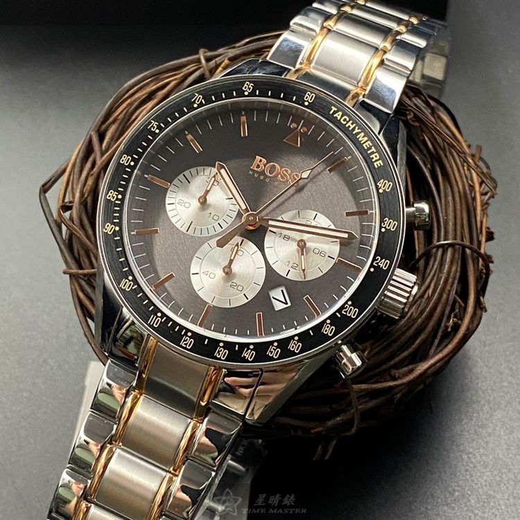 點數9%★BOSS手錶,編號HB1513634,44mm銀黑色圓形精鋼錶殼,槍灰色三眼, 中三針顯示, 運動錶面,金銀相間精鋼錶帶款,閃亮度 ...