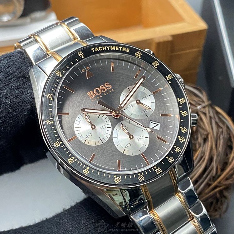 點數9%★BOSS手錶,編號HB1513634,44mm銀黑色圓形精鋼錶殼,槍灰色三眼, 中三針顯示, 運動錶面,金銀相間精鋼錶帶款,閃亮度 ...