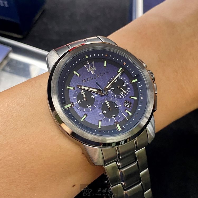 點數9%★MASERATI手錶,編號R8873621005,42mm槍灰色圓形精鋼錶殼,寶藍色三眼, 時分秒中三針顯示, 運動錶面,槍灰精鋼 ...
