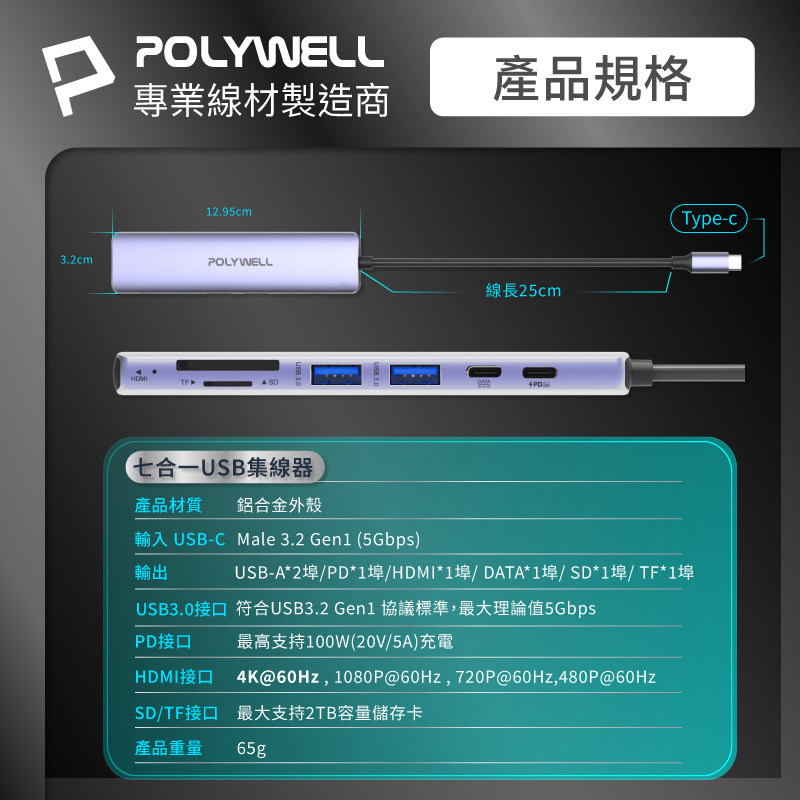 POLYWELL/寶利威爾/Type-C/七合一集線器/HUB/100W/PD快充/5G/HDMI/SD/TF/多功能 | 伊爾資訊直營店 | 樂天市場Rakuten