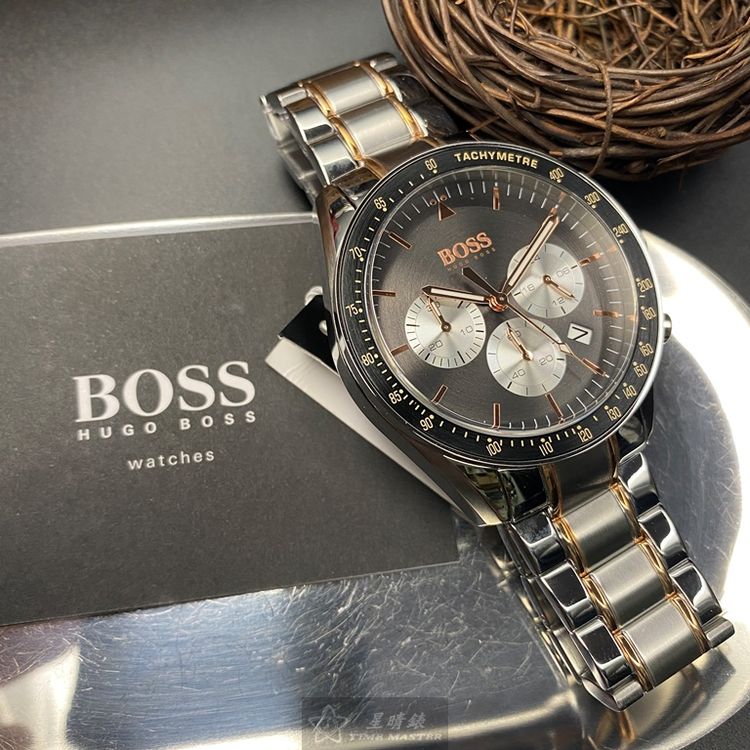點數9%★BOSS手錶,編號HB1513634,44mm銀黑色圓形精鋼錶殼,槍灰色三眼, 中三針顯示, 運動錶面,金銀相間精鋼錶帶款,閃亮度 ...