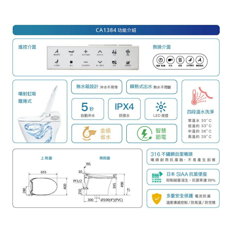CAESAR 凱撒 智慧馬桶CA1384 / CA1384S 無線遙控、SIAA抗菌便座、金級省水 不含安裝【領券滿額再折千9/30止】 | INFMARC | 樂天市場Rakuten