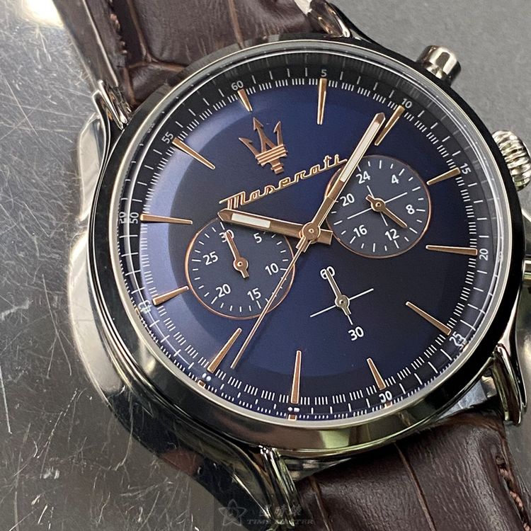 點數9%★MASERATI手錶,編號R8871618014,42mm銀圓形精鋼錶殼,寶藍色簡約, 三眼, 中三針顯示, 精密刻度錶面,咖啡色 ...