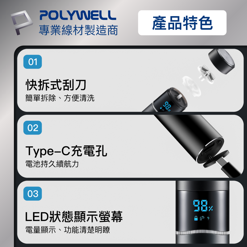 POLYWELL/寶利威爾/充電式電動刮鬍刀/USB-C充電/LED螢幕狀態顯示/誤觸保護/清潔通知/快拆設計/可水洗 | 伊爾資訊直營店 | 樂天市場Rakuten