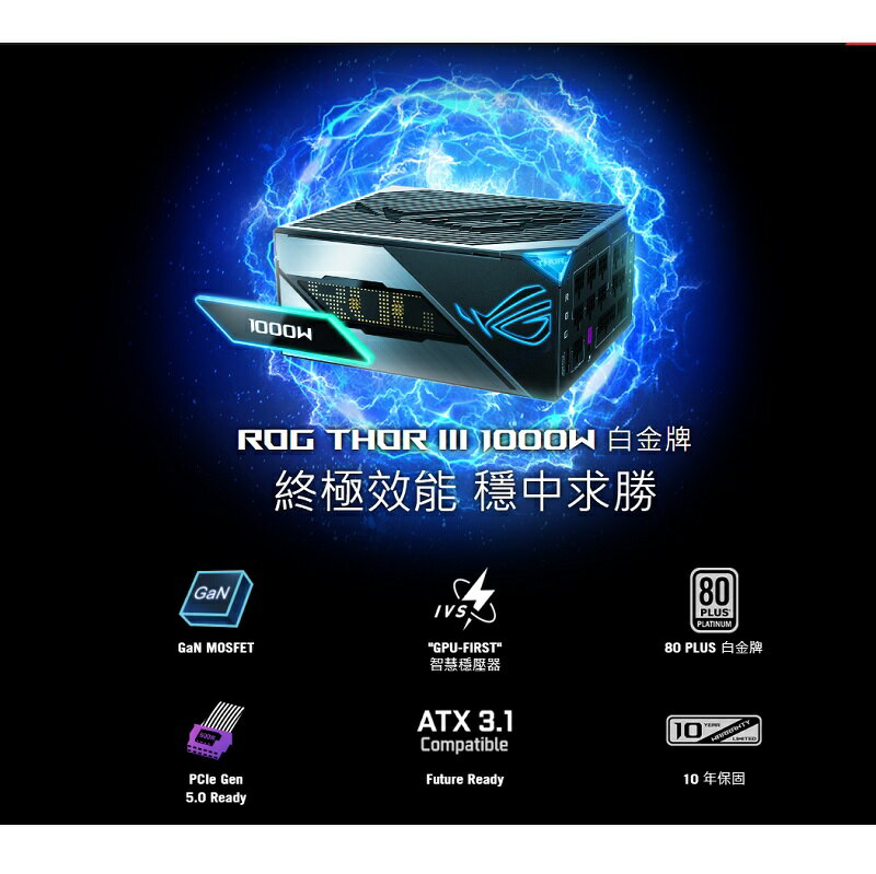 ASUS 華碩 ROG THOR III 1000W/1200W 白金認證全模組電源 90YE00V3-B0TA00/90YE00V2 ...
