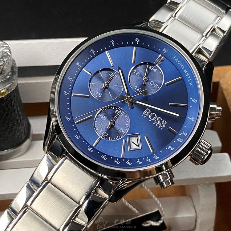 點數9%★BOSS手錶,編號HB1513478,44mm銀圓形精鋼錶殼,寶藍色三眼, 中三針顯示, 運動錶面,銀色精鋼錶帶款,特別優惠活動開打 ...