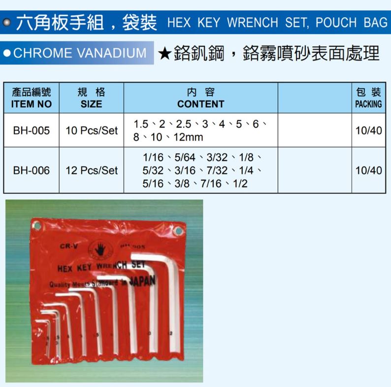 黑手牌 六角板手組 袋裝 BH-005 BH-006 鉻釩鋼 鉻霧噴砂表面處理 六角板手 板手 扳手組 六角扳手 | 台灣牧田五金行 | 樂天 ...