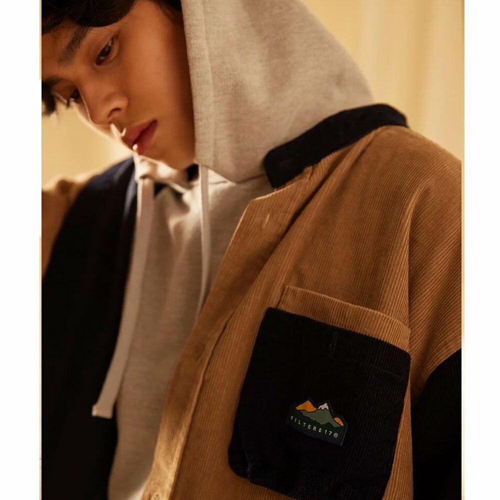【全館滿額折】 Filter017 Color-Blocked Corduroy Henley Long Sleeve Shirt 藏蘭卡其 ...