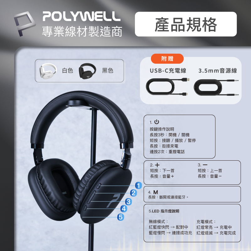 POLYWELL 全罩式藍牙耳機TM-087 超長續航耳罩耳機 高音質 內建麥克風 Type-C充電 可折疊 寶利威爾 台灣現貨【全館299免運＋領券再折】 | POLYWELL 寶利威爾官方 ...