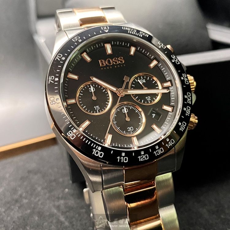 點數9%★BOSS手錶,編號HB1513757,42mm黑圓形精鋼錶殼,黑色三眼, 時分秒中三針顯示, 運動錶面,金銀相間精鋼錶帶款,自用送人 ...