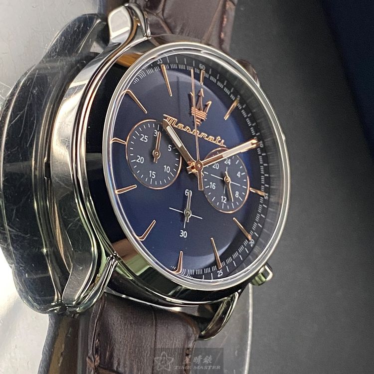 點數9%★MASERATI手錶,編號R8871618014,42mm銀圓形精鋼錶殼,寶藍色簡約, 三眼, 中三針顯示, 精密刻度錶面,咖啡色 ...