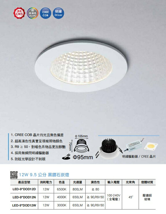 ☼金順心☼ 舞光 LED 12W 9.5CM 黑鑽石崁燈 LED-9"DOD12D COB晶片 高演色 防眩 | 金順心專業照明直營店 ...