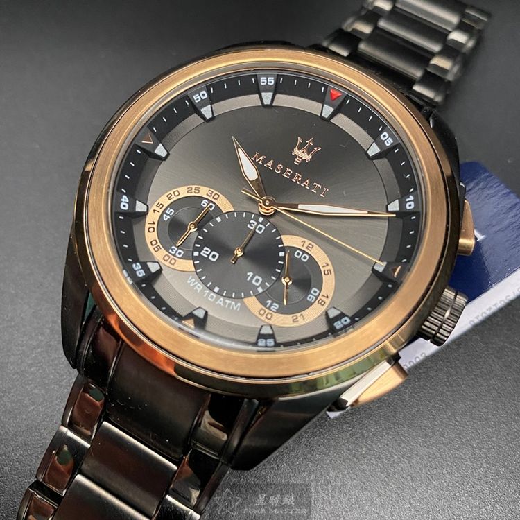 點數9%★MASERATI手錶,編號R8873612016,46mm黑圓形精鋼錶殼,黑玫瑰金色三眼, 運動錶面,深黑色精鋼錶帶款,頂級時尚 ...