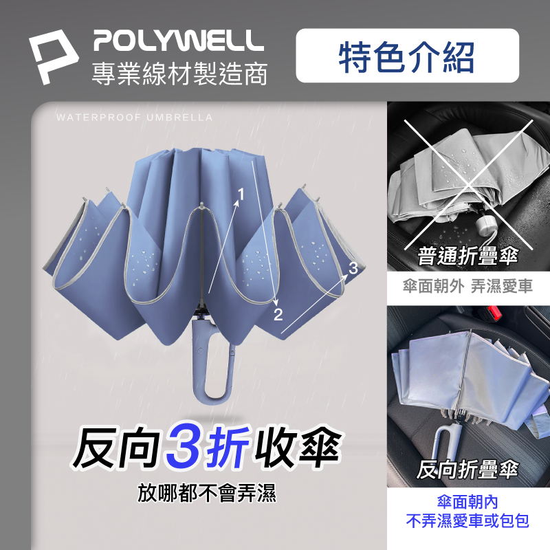 POLYWELL 自動反向折疊傘 十骨大傘面 300T防水傘布 一鍵開收 環扣型手把 夜間安全反光環 寶利威爾 台灣現貨【全館299免運＋領券再折】 | POLYWELL 寶利威爾官方旗艦店 ...