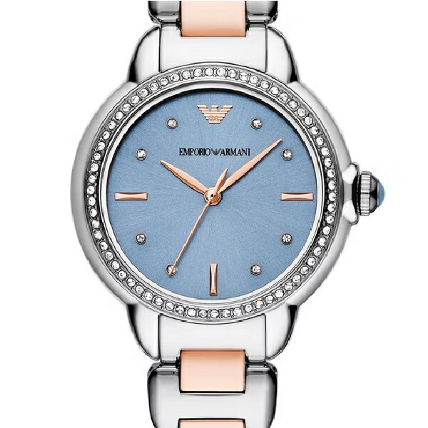 EMPORIO ARMANI 亞曼尼 Mia系列 AR11597 莫蘭迪藍撞色環鑽女錶 銀色x玫瑰金錶帶 32MM｜樂天領券現折★全館特惠中★ ...