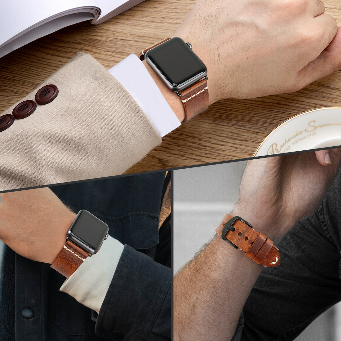 優購生活~意大利油蠟皮適用蘋果手表真皮表帶適用apple Watch Iwatch 蘋果表帶apple Watch1 2 3 4 5 6 Se