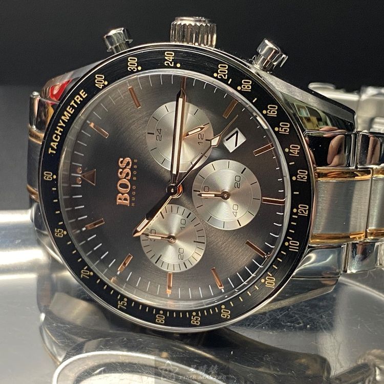 點數9%★BOSS手錶,編號HB1513634,44mm銀黑色圓形精鋼錶殼,槍灰色三眼, 中三針顯示, 運動錶面,金銀相間精鋼錶帶款,閃亮度 ...