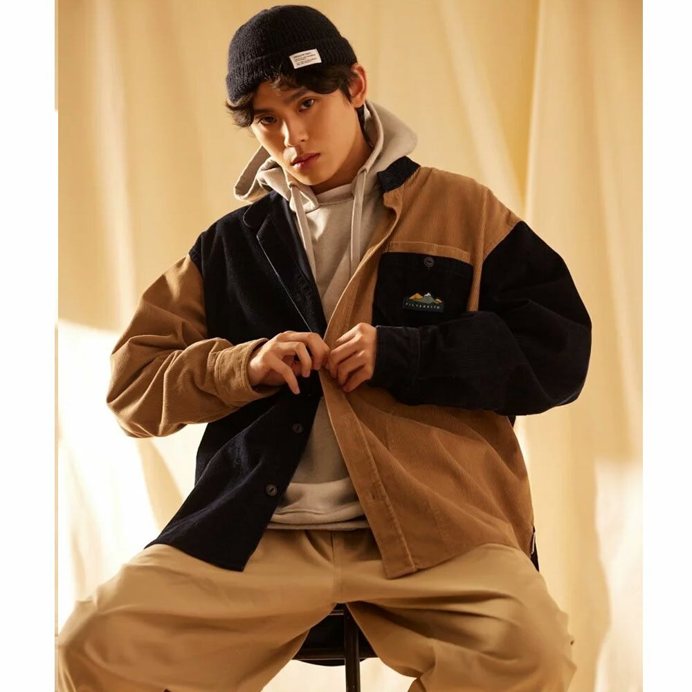 【全館滿額折】 Filter017 Color-Blocked Corduroy Henley Long Sleeve Shirt 藏蘭卡其 ...