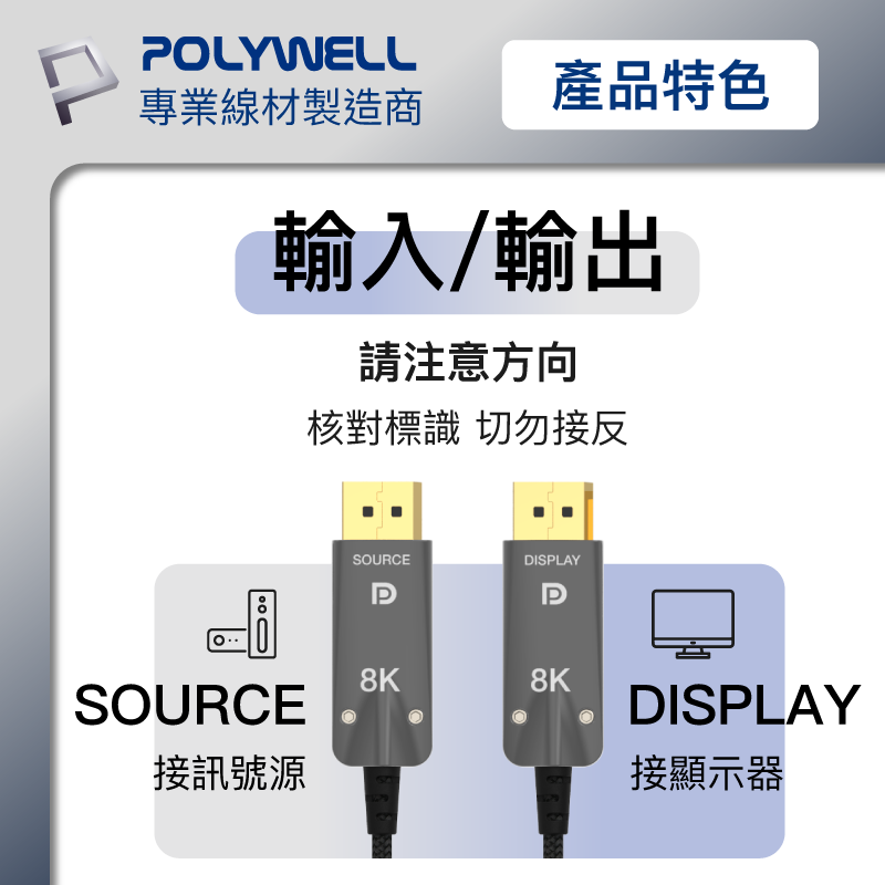 POLYWELL/寶利威爾/DP/8K/AOC光纖影音線/1米~10米/德國晶片/4K 144/8K 60/編織線 | 伊爾資訊直營店 | 樂天市場Rakuten