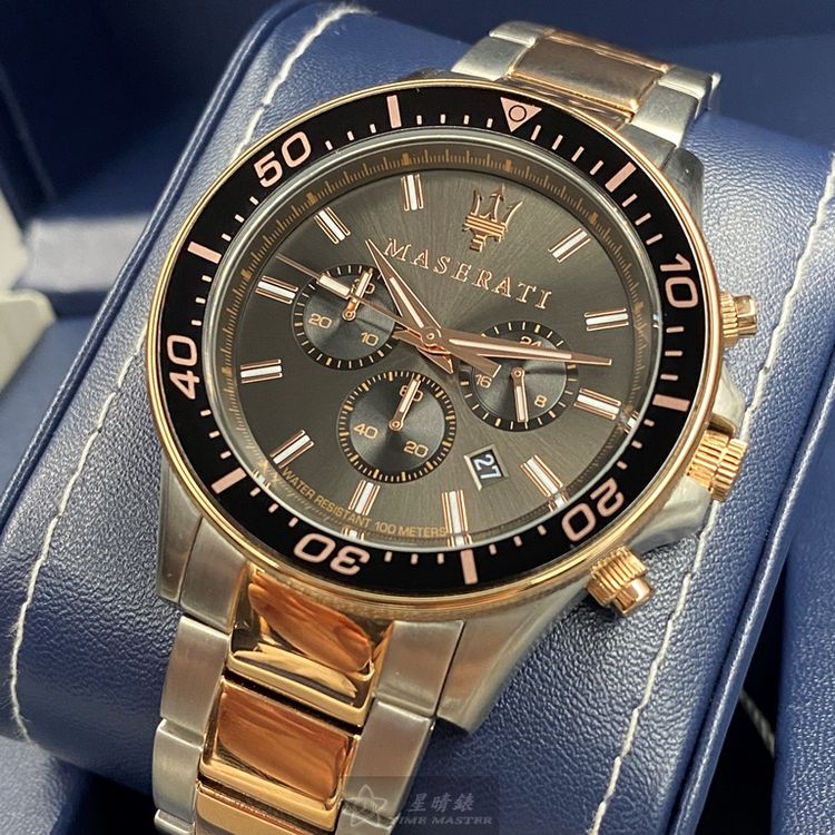 點數9%★MASERATI瑪莎拉蒂男錶,編號R8873640002,44mm玫瑰金, 古銅色圓形精鋼錶殼,古銅色三眼, 運動, 可旋轉錶面 ...