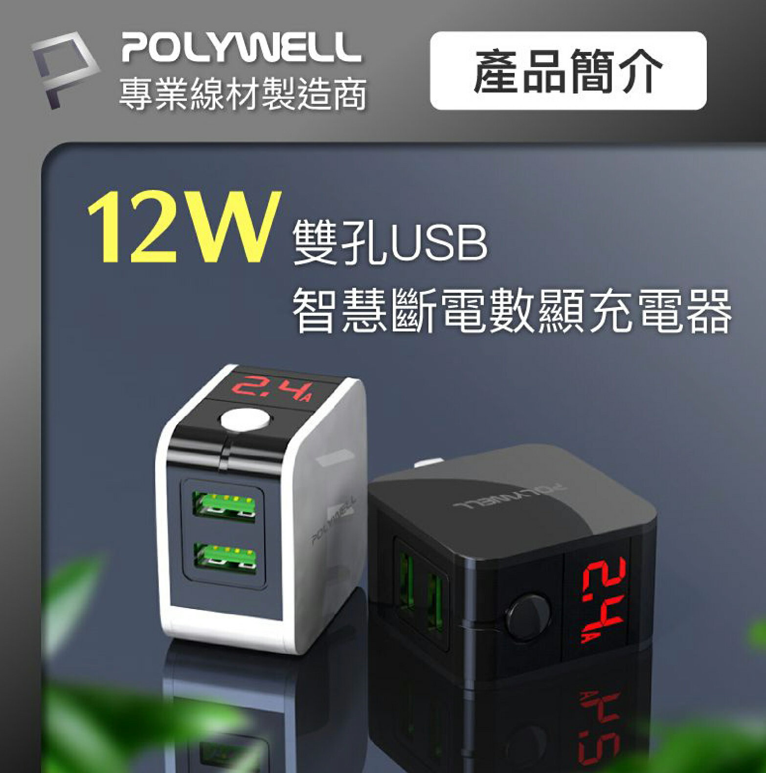 POLYWELL 12W 雙孔 USB 數位顯示 充電器 充電頭 快充頭 USB A 適用 iPhone 15 14【APP下單享 6%】 | 3C共和國直營店 | 樂天市場Rakuten