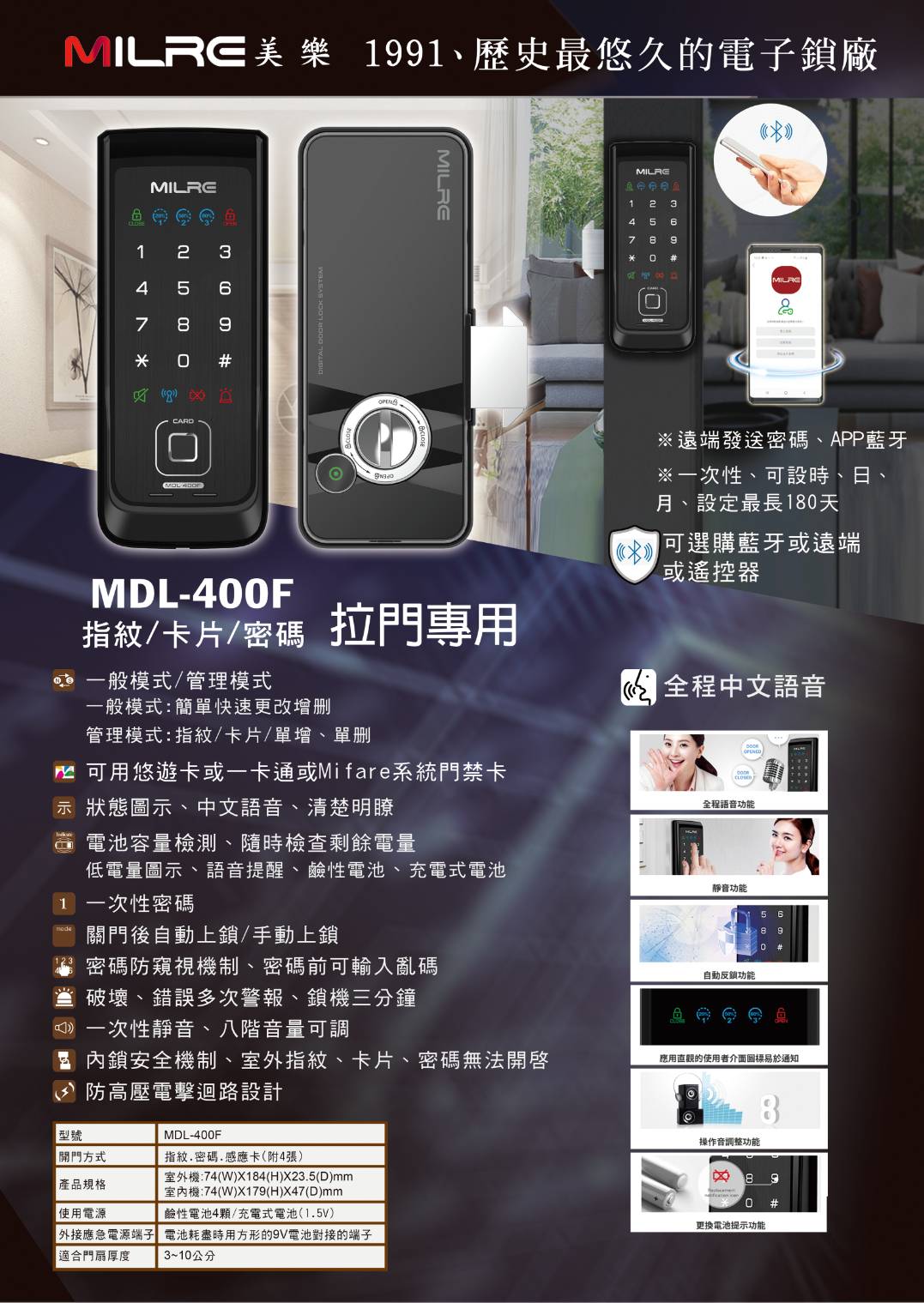 昌運監視器 Milre MDL-400F 三合一密碼/指紋/卡片智能電子門鎖 輔助鎖 | 昌運監視器官方旗艦店直營店 | 樂天市場Rakuten