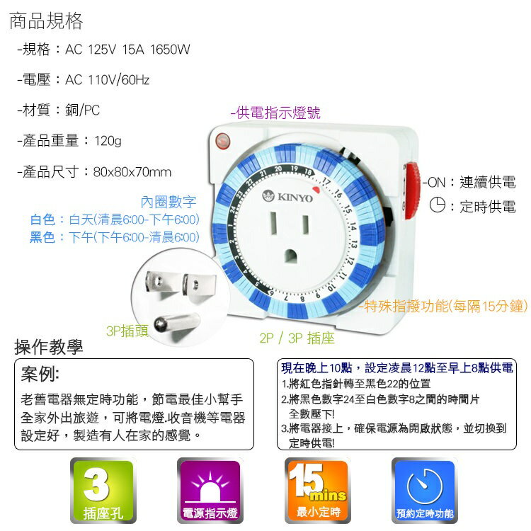 KINYO/耐嘉/24小時多時段定時器/TM-2/指撥設定/簡單快速/24小時循環設定/15分鐘最小定時/2P/3P適用 | 伊爾資訊直營店 | 樂天市場Rakuten