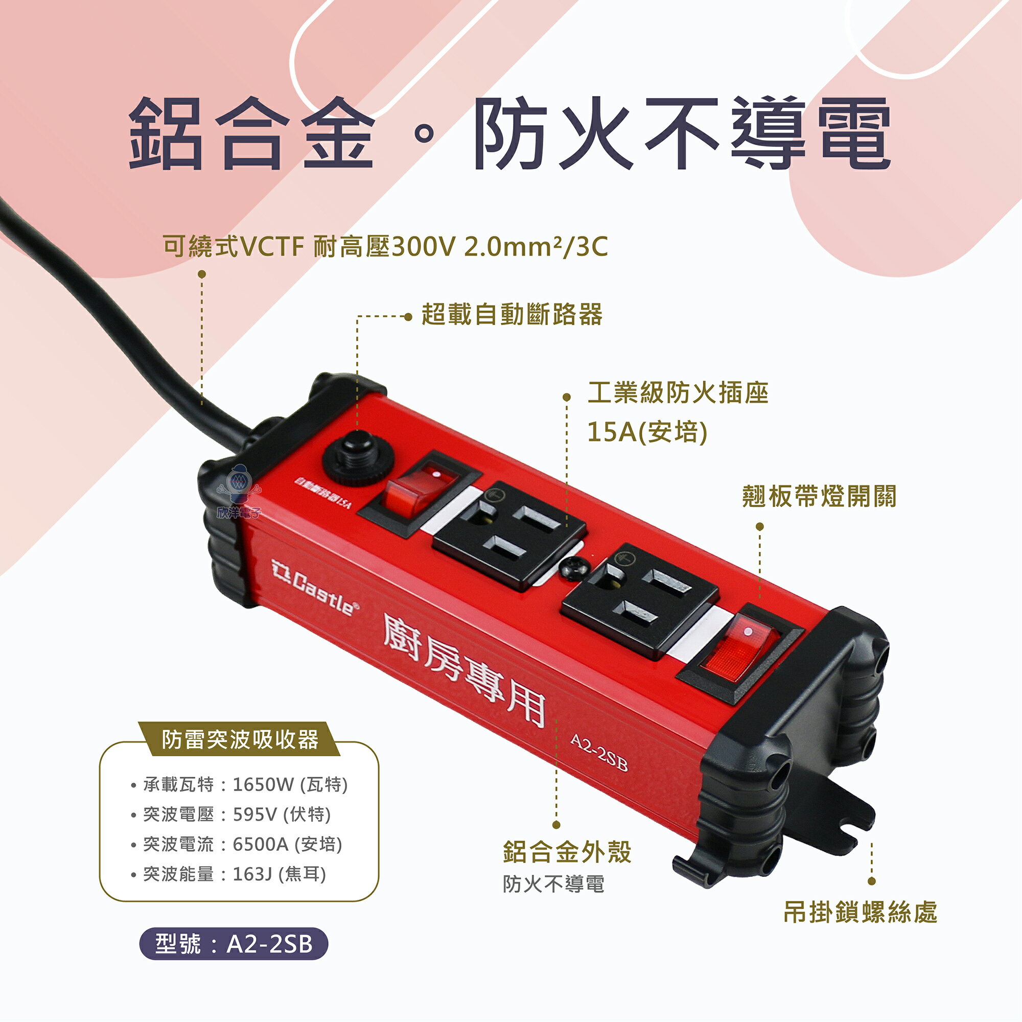 欣洋電子 ※ Castle 蓋世特 延長線 台灣製造 鋁合金電源線 2開關2插座 120公分 廚房電源專用 (A2-2SB) 防火防雷延長線 ...