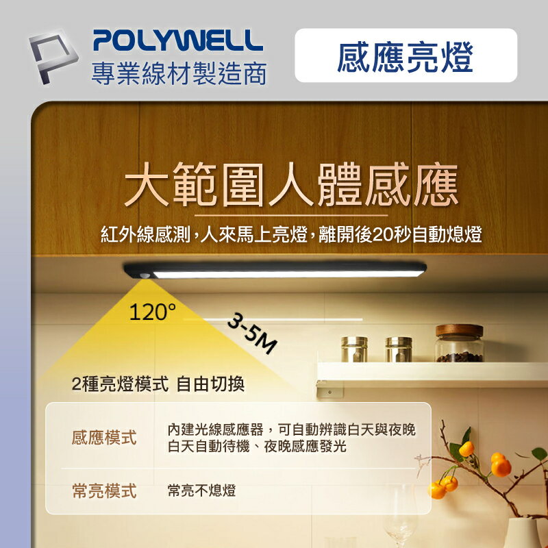 POLYWELL 磁吸式LED感應燈 超薄型設計 USB-C充電 人體感應 3種色溫 光線柔和 寶利威爾 台灣現貨【全館299免運＋領券再折 ...