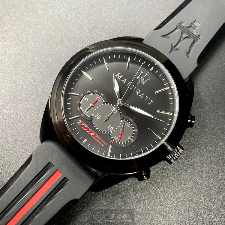 點數9%★MASERATI手錶,編號R8871612004,46mm黑圓形精鋼錶殼,黑色三眼, 中三針顯示, 運動錶面,深黑色矽膠錶帶款,別 ...