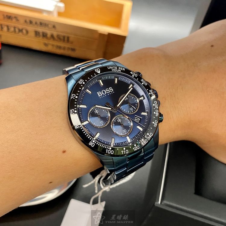 點數9%★BOSS手錶,編號HB1513758,42mm寶藍圓形精鋼錶殼,寶藍色三眼, 時分秒中三針顯示, 運動錶面,寶藍精鋼錶帶款,曠世鉅作 ...