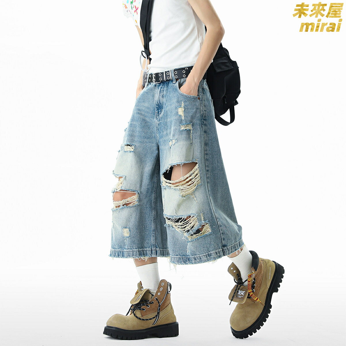 【復古情侶款】牛仔七分褲 闊腿褲 破洞牛仔褲 中褲 五分褲 美式水洗做舊 高腰寬鬆 夏季休閒百搭 男女同款 | 未來屋 | 樂天市場Rakuten