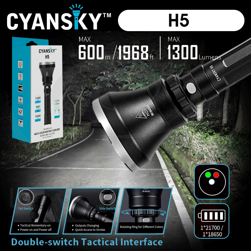 【錸特光電】CYANSKY H5 1300流明 600米 專利內建濾鏡 紅光綠光白光 狩獵 遠射手電筒 Cree LED | 錸特光電 | 樂天市場Rakuten