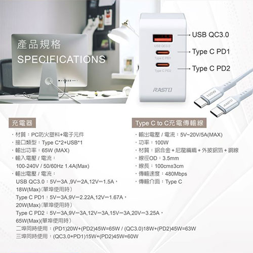 RASTO 65W GaN氮化鎵三孔高功率快充+ 100W C to C鋁製線 RB36【愛買】 | 愛買線上購物直營店 | 樂天市場Rakuten