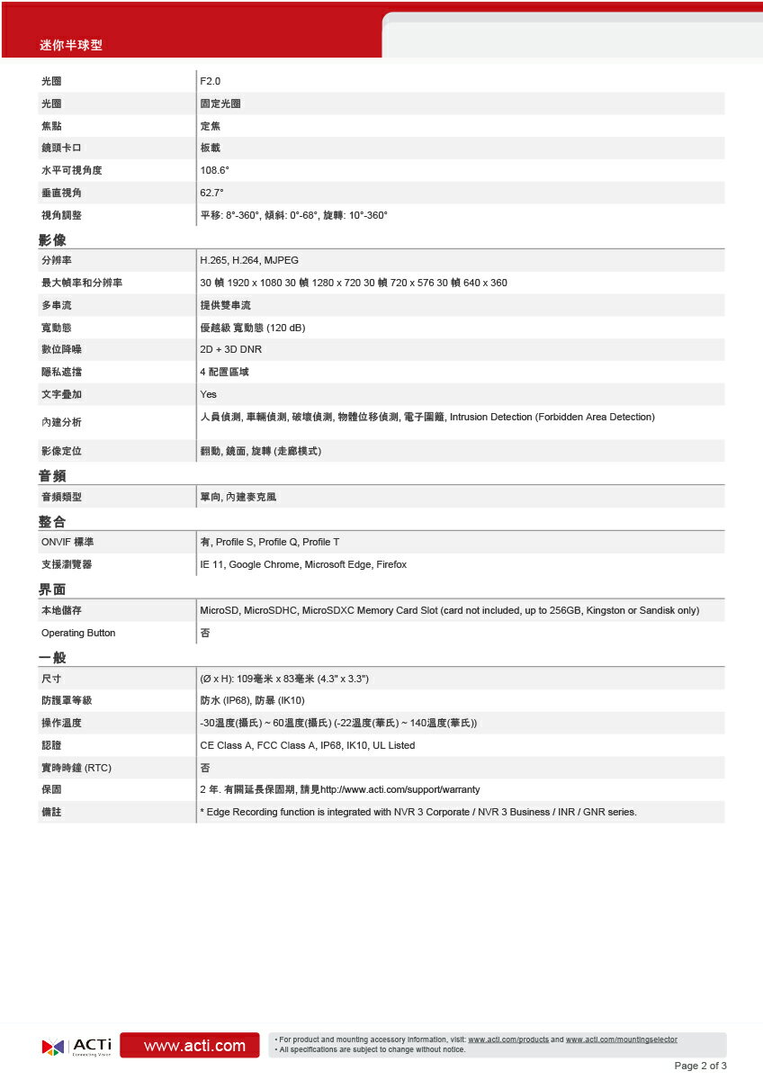 昌運監視器 ACTi Z910 200萬智能型紅外線室外迷你半球型 優越級寬動態 SLLS定焦鏡頭 日夜兩用 請來電洽詢 | 昌運監視器官方 ...