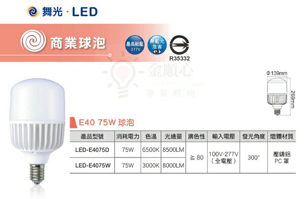 ☼金順心☼專業照明~DANCELIGHT 舞光 LED 75W 燈泡 E40 可搭配 高天井具 OD-6407 適合倉庫 | 金順心專業照明直營店 | 樂天市場Rakuten