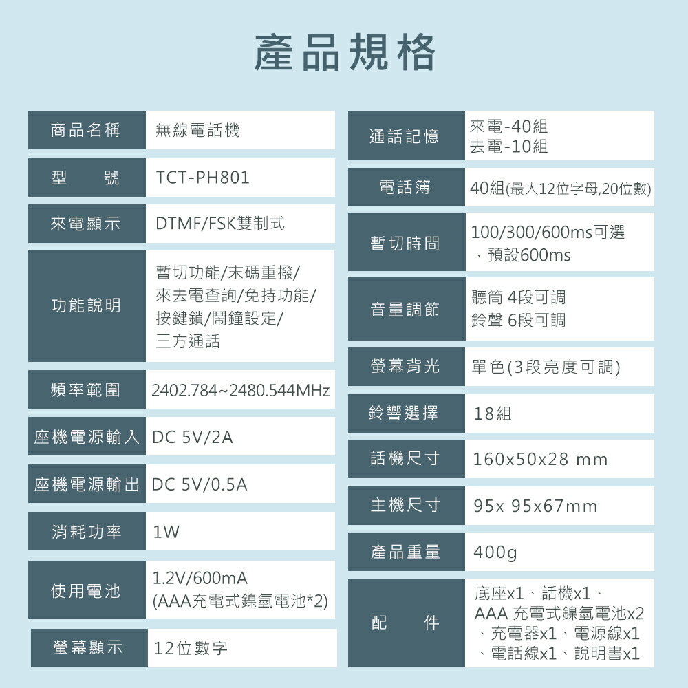 TCSTAR 2.4G雙制式來電顯示無線電話 內部轉接 免持通話 電話 無線電話 TCT-PH701 TCT-PH801 | 鯊很大旗艦館 ...