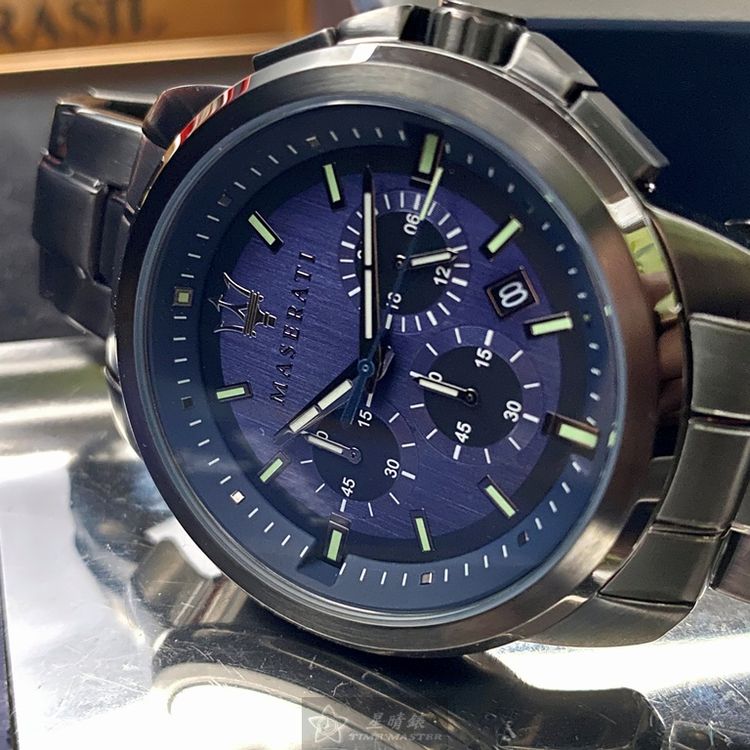 點數9%★MASERATI手錶,編號R8873621005,42mm槍灰色圓形精鋼錶殼,寶藍色三眼, 時分秒中三針顯示, 運動錶面,槍灰精鋼 ...