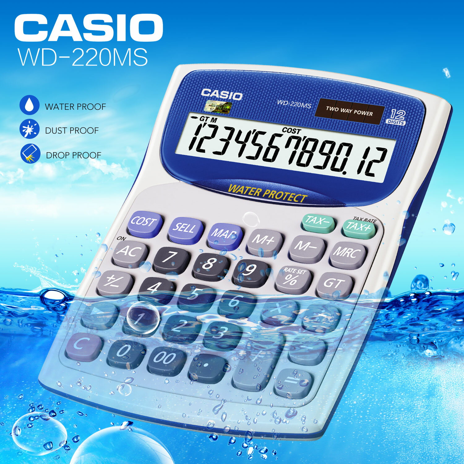 CASIO WD-220MS 防水防塵 桌上型計算機 (12位) (WD-220MS-BU WD-220MS-WE) | 聯盟文具直營店 | 樂天市場Rakuten