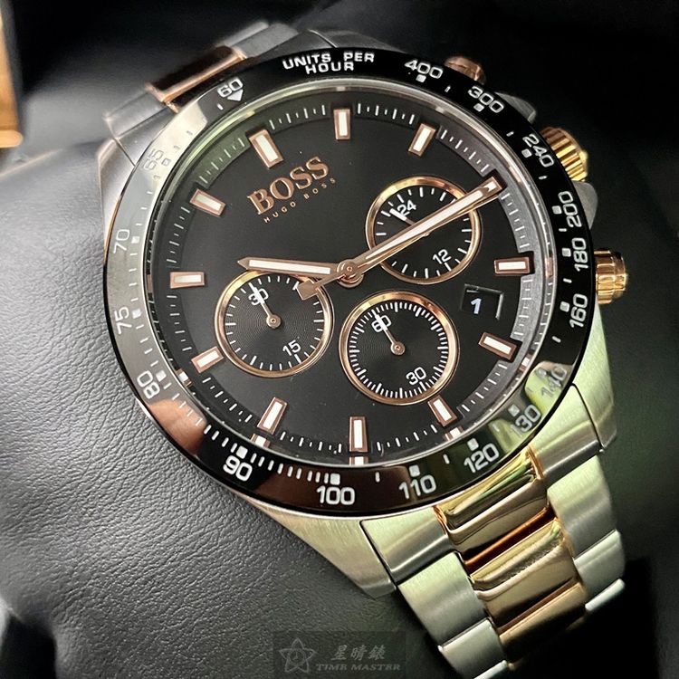 點數9%★BOSS手錶,編號HB1513757,42mm黑圓形精鋼錶殼,黑色三眼, 時分秒中三針顯示, 運動錶面,金銀相間精鋼錶帶款,自用送人 ...